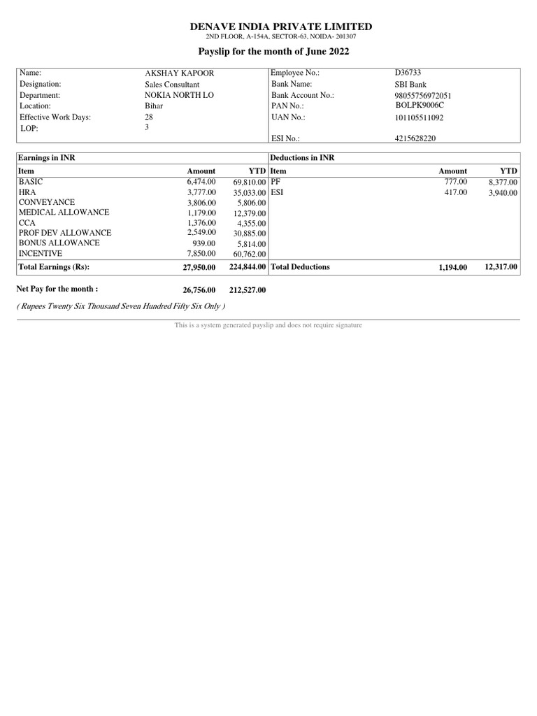 Denave India Private Limited: Payslip For The Month of June 2022 | PDF