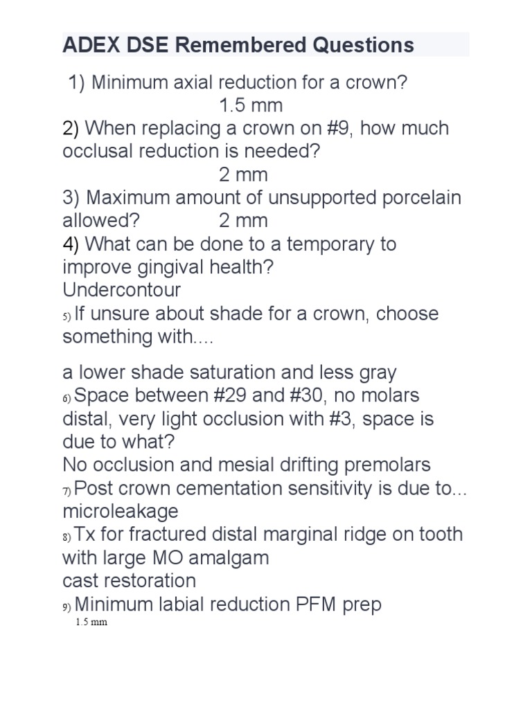ADEX Questions | PDF | Human Tooth | Dentures