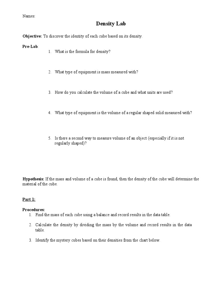 Density Lab: Objective: To Discover The Identity of Each Cube Based On ...