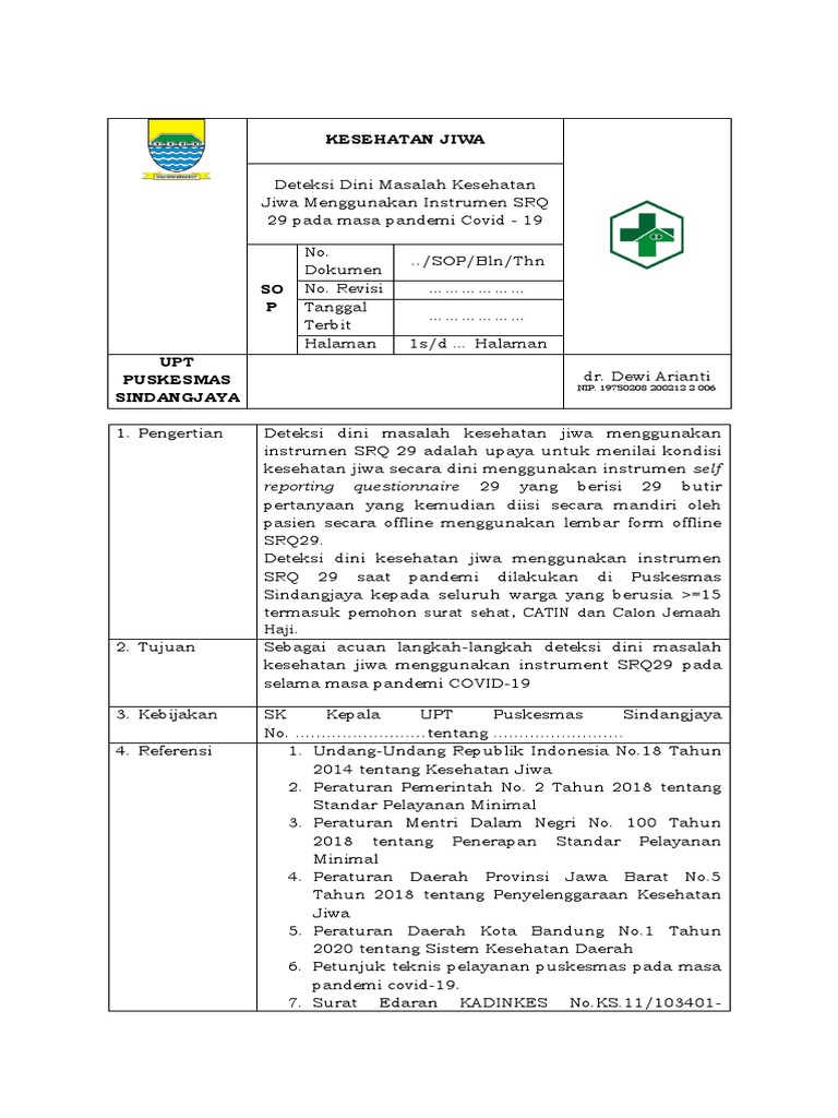 SOP Deteksi Dini Masalah Kesehatan Jiwa Menggunakan Instrumen SRQ 29 Dalam Pandemi COVID-19 | PDF