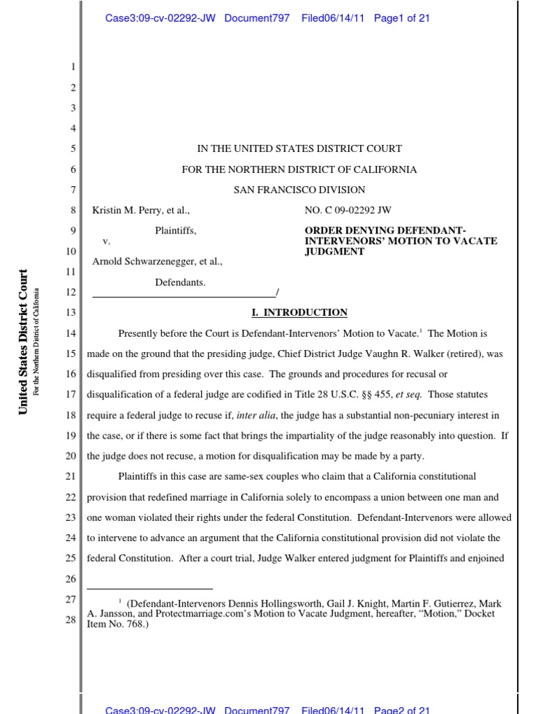 Judge James Ware's ORDER DENYING DEFENDANT-INTERVENORS' MOTION TO ...