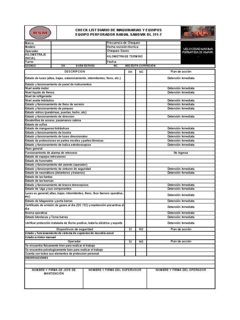 Check List Equipo Perforador Radial Sandvik DL 311-7 | PDF | Estilos de carrocería | Vehículo de ...