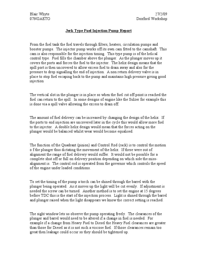 Jerk Type Fuel Injection Pump Report | PDF | Fuel Injection | Diesel Engine