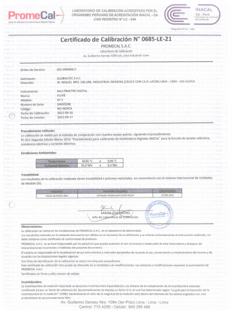 ANEXO 01. Certificado de Calibración de Multímetro | PDF