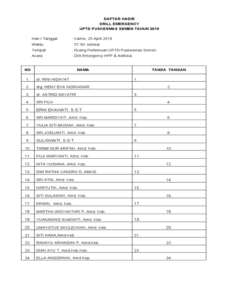 Daftar Hadir PKM Semen | PDF