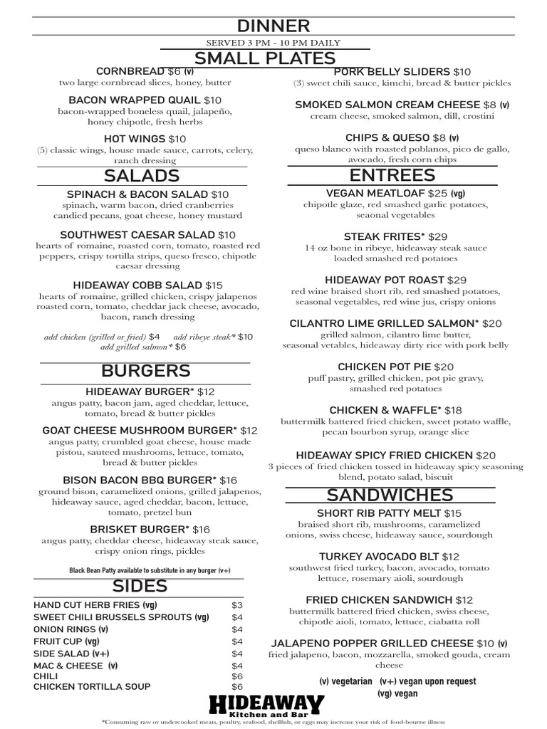 The Hideaway: An American Comfort Food Menu Featuring Small Plates ...