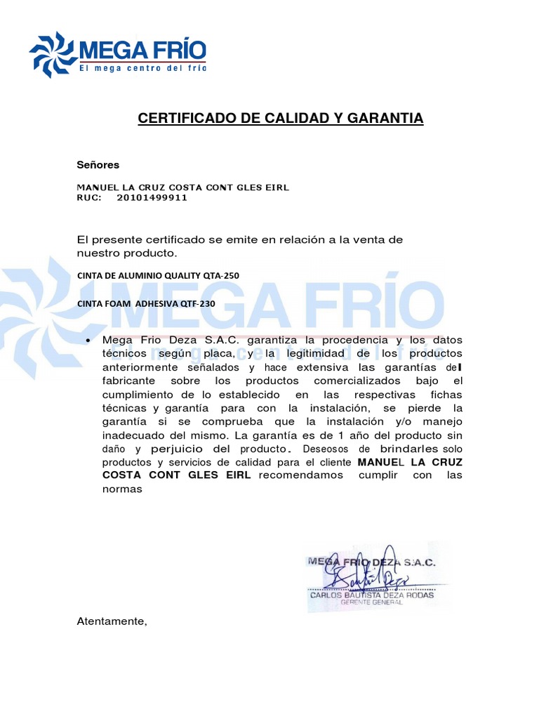 Carta de Garantia - Cinta Foam | PDF