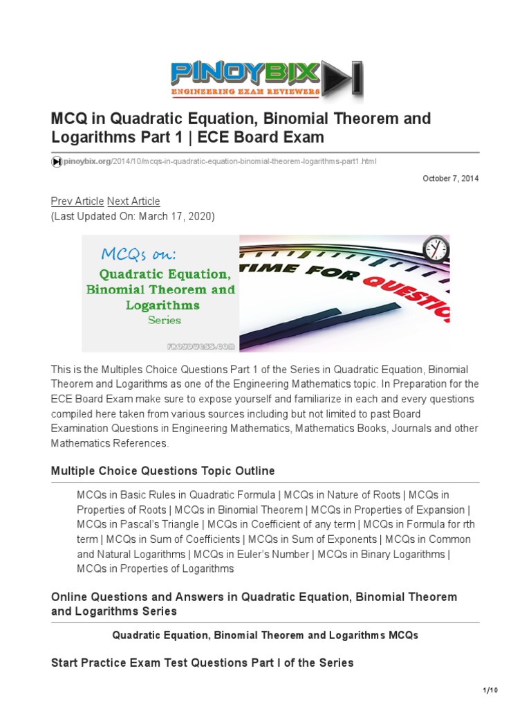 MCQ in Quadratic Equation Binomial Theorem and Logarithms Part 1 ECE Board Exam | PDF | Multiple ...