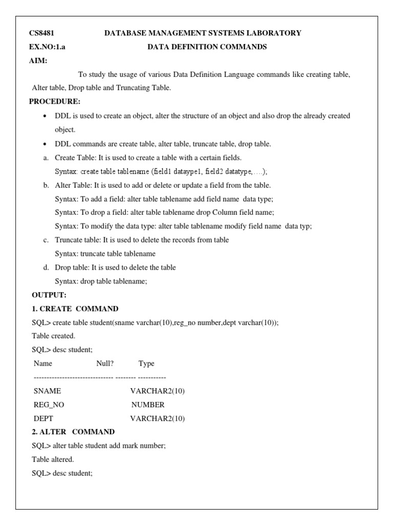 CS8481 DBMS LAB MANUAL Final | PDF | Pl/Sql | Subroutine