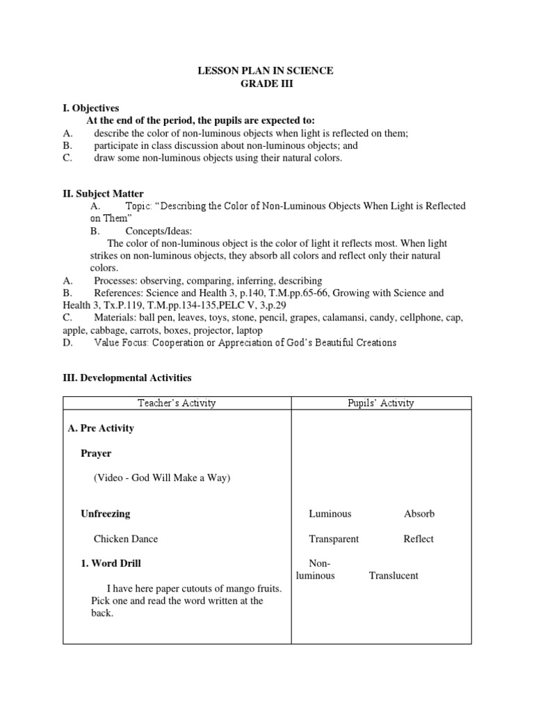 Sample Lesson Plan in Science Grade III | PDF | Color | Rainbow
