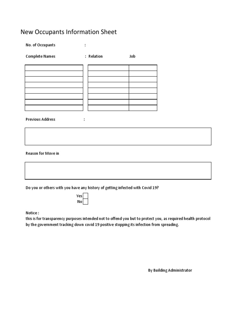 New Occupants Information Sheet | PDF