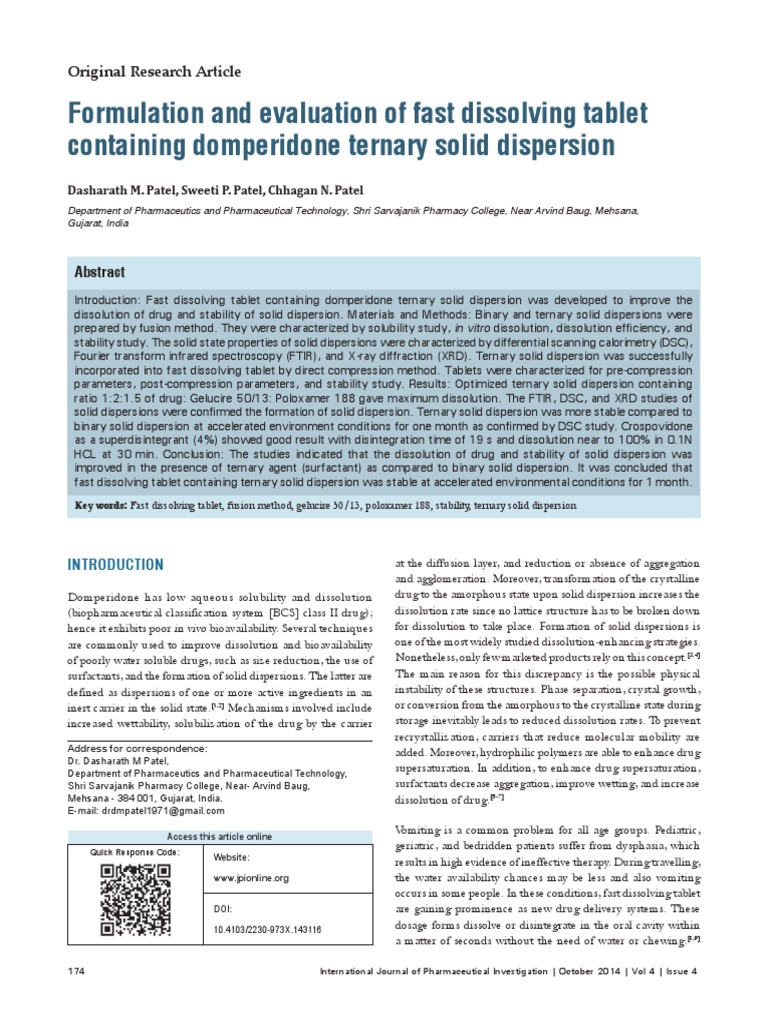Formulation And Evaluation Of Fast Dissolving Tablet Containing Domperidone Ternary Solid