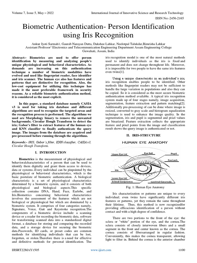 Biometric Authentication Person Identification Using Iris Recognition Pdf Biometrics