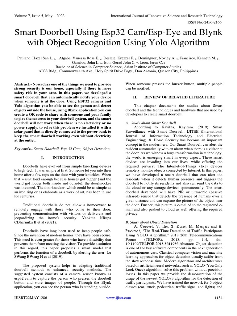 Smart Doorbell Using Esp32 Camesp Eye And Blynk With Object Recognition Using Yolo Algorithm