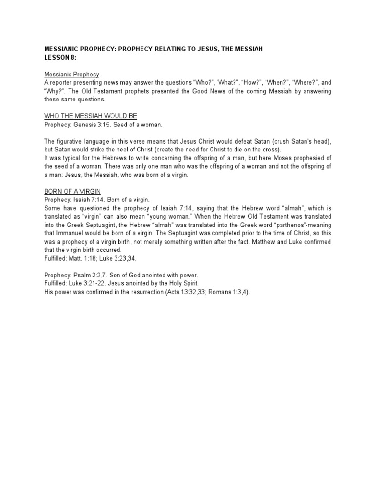 Messianic Prophecy: Prophecy Relating To Jesus, The Messiah Lesson 8 | PDF