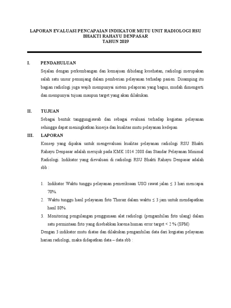 Laporan 2019 Evaluasi Pencapaian Indikator Mutu Unit Radiologi Rsu Bhakti Rahayu Denpasar | PDF