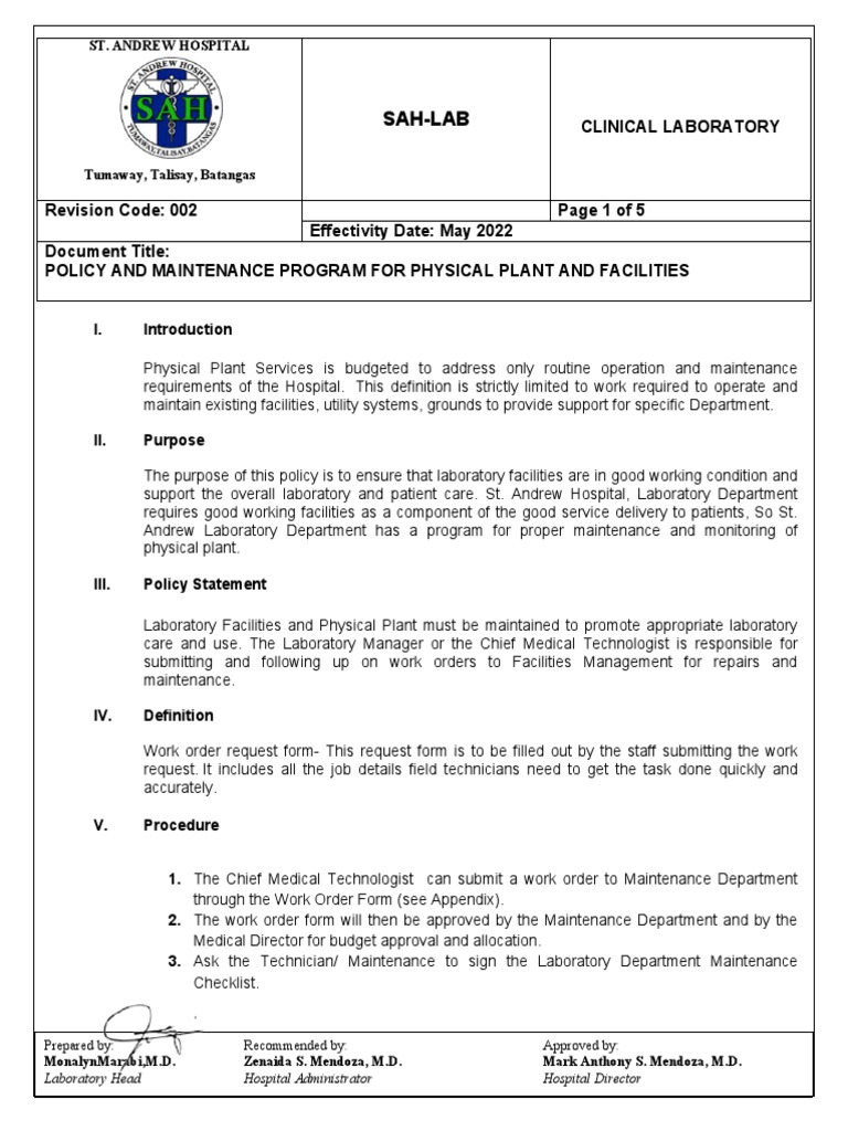 Policy On Maintenance of Physical Plant and Facilities | PDF ...