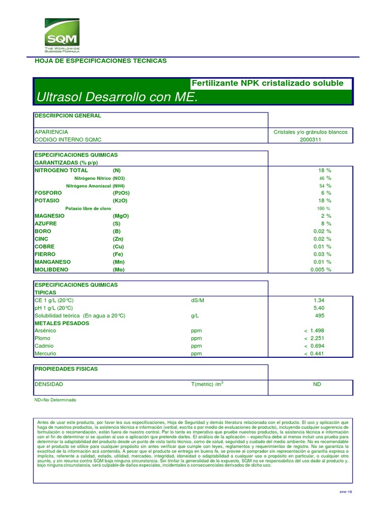 Ficha Tecnica Ultrasol Desarrollo | PDF | Fertilizante | Ciencias fisicas