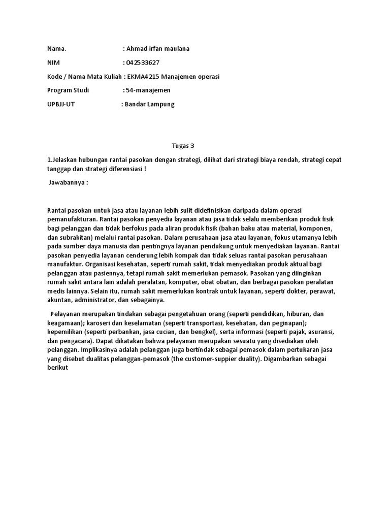 Tugas 3 Manajemen Operasi EKMA4215 | PDF