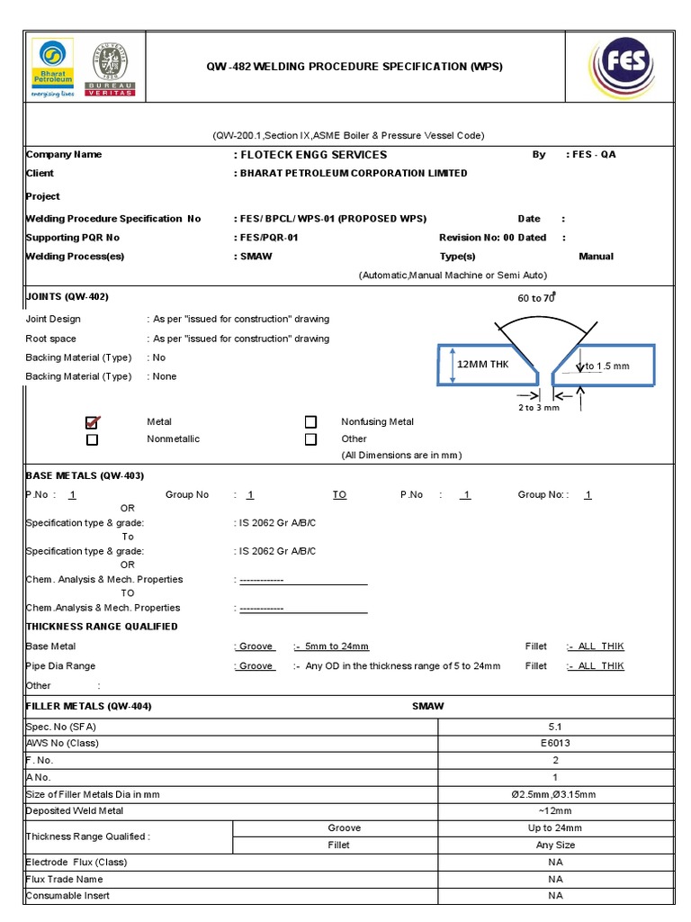 QW - 482 Welding Procedure Specification (WPS) | PDF | Welding ...