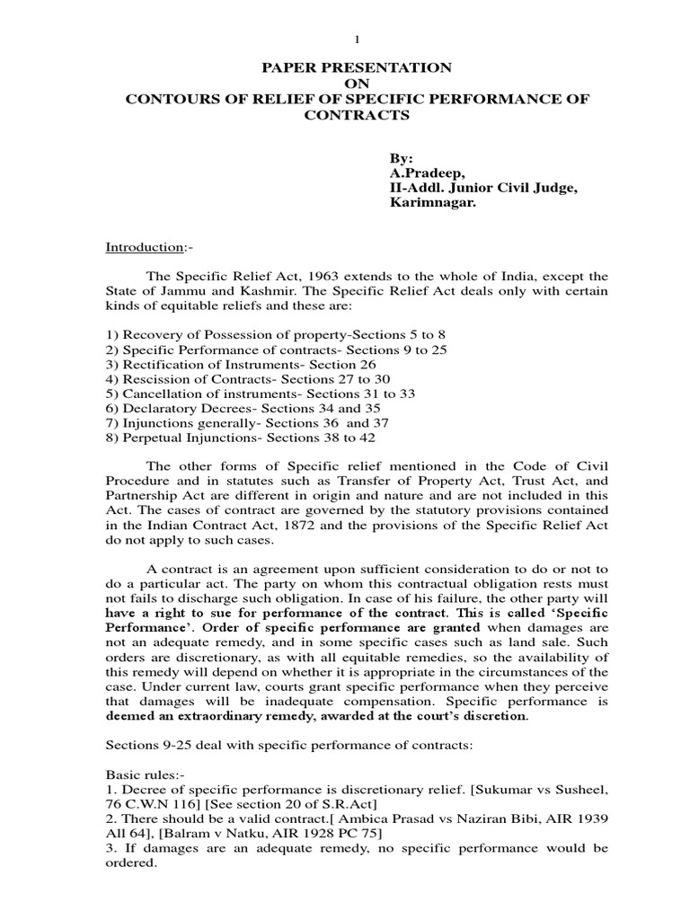 Specific Performance of Contract | PDF | Lawsuit | Specific Performance