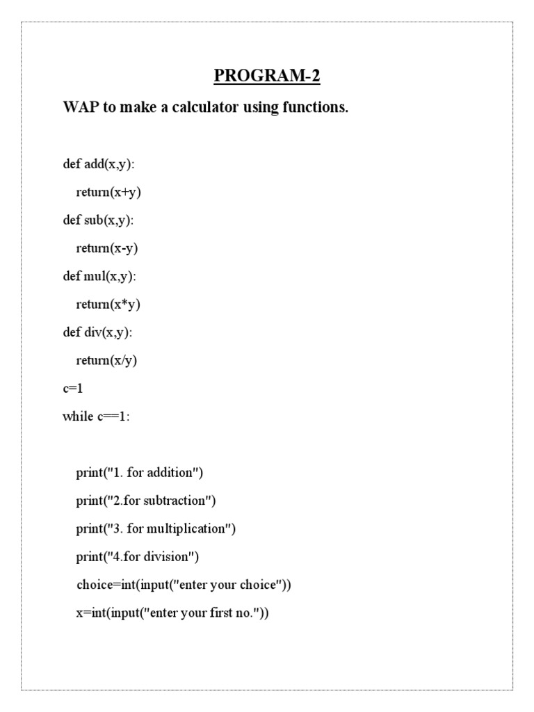 Program-2: WAP To Make A Calculator Using Functions | PDF