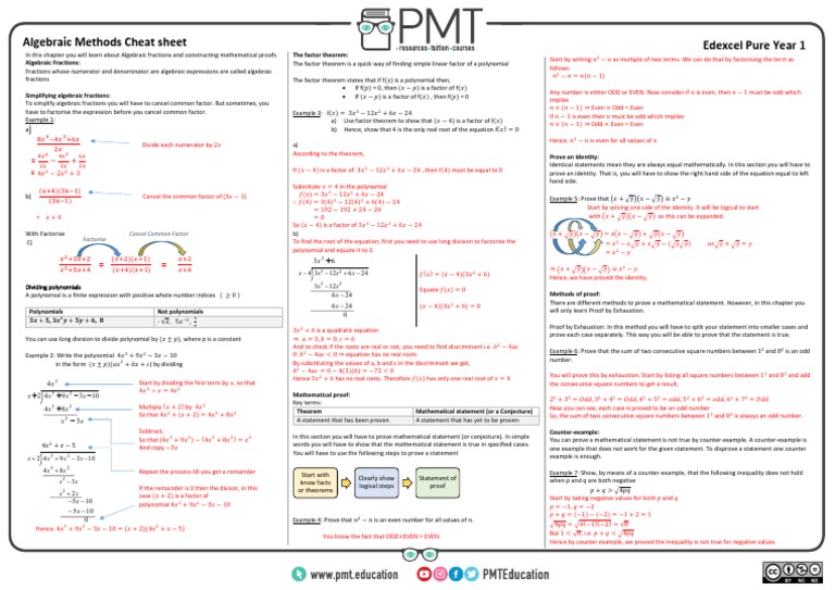 Edexcel Pure Year 1 Algebraic Methods Cheat Sheet: Algebraic Fractions ...