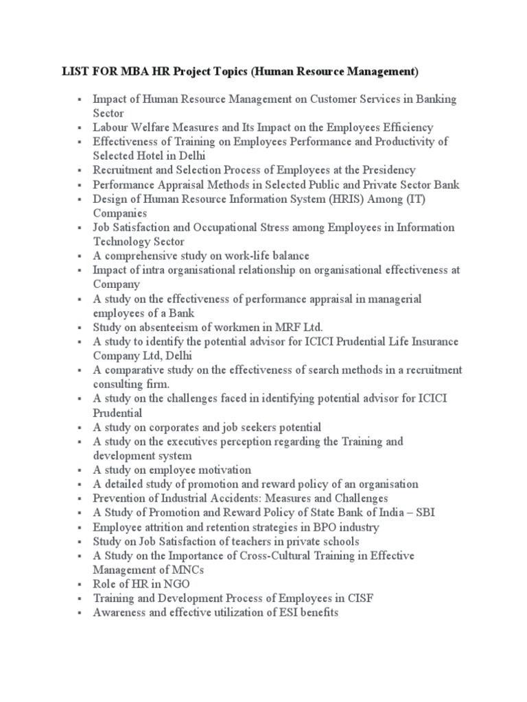 LIST FOR MBA HR Project Topics (Human Resource Management) | PDF | Investing | Employment