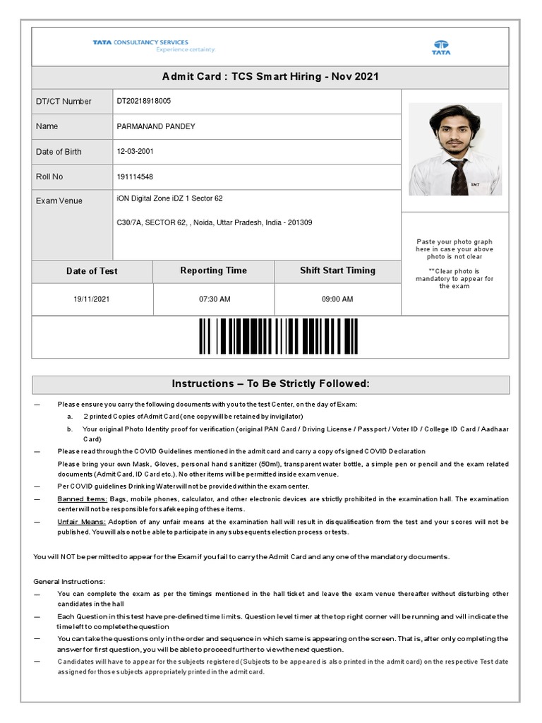 Admit Card: TCS Smart Hiring - Nov 2021: Reporting Time Date of Test ...