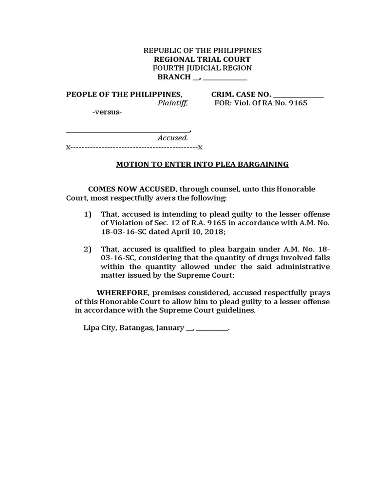 Motion To Enter Into Plea Bargaining (Drugs) | PDF