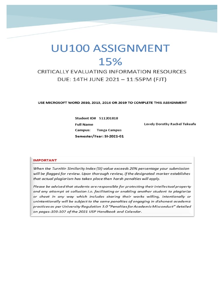 S11201818 Lovely Dorothy Rachel Tukuafu Tonga Campus | PDF | Citation ...