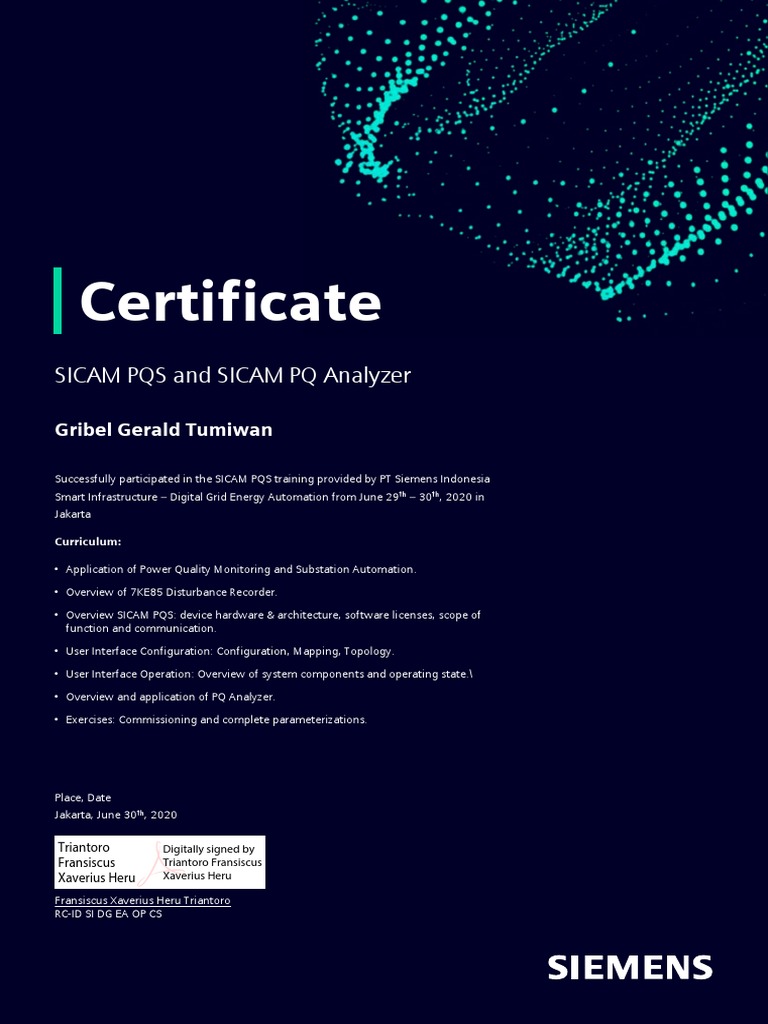 Training Certificate SICAM PQS - Gribel Gerald Tumiwan | PDF