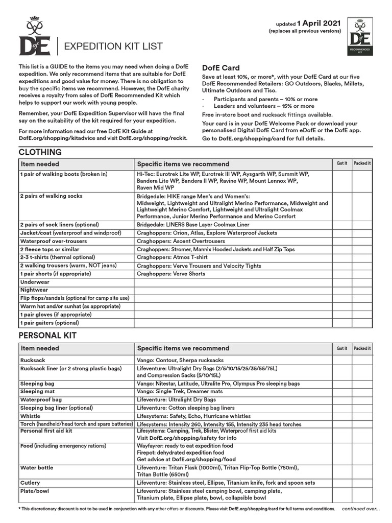DofE Expedition Kit List | PDF | Equipment DofE Expedition Kit List | PDF | Equipment