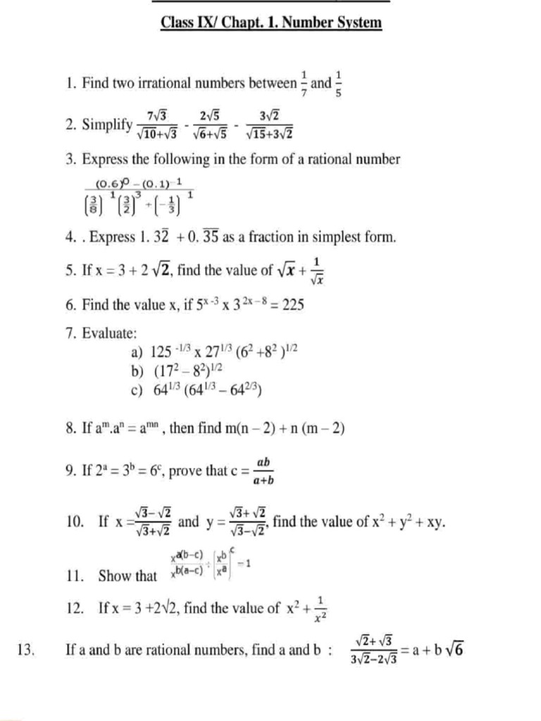 Class IX Ch1 Number System Worksheet | PDF | Teaching Methods & Materials