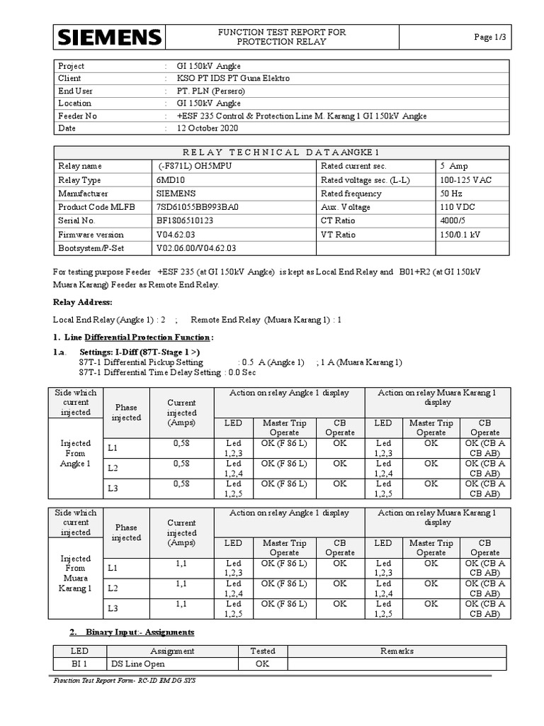 Test Report Line Differential F871 ESF235 | PDF | Relay | Electronics