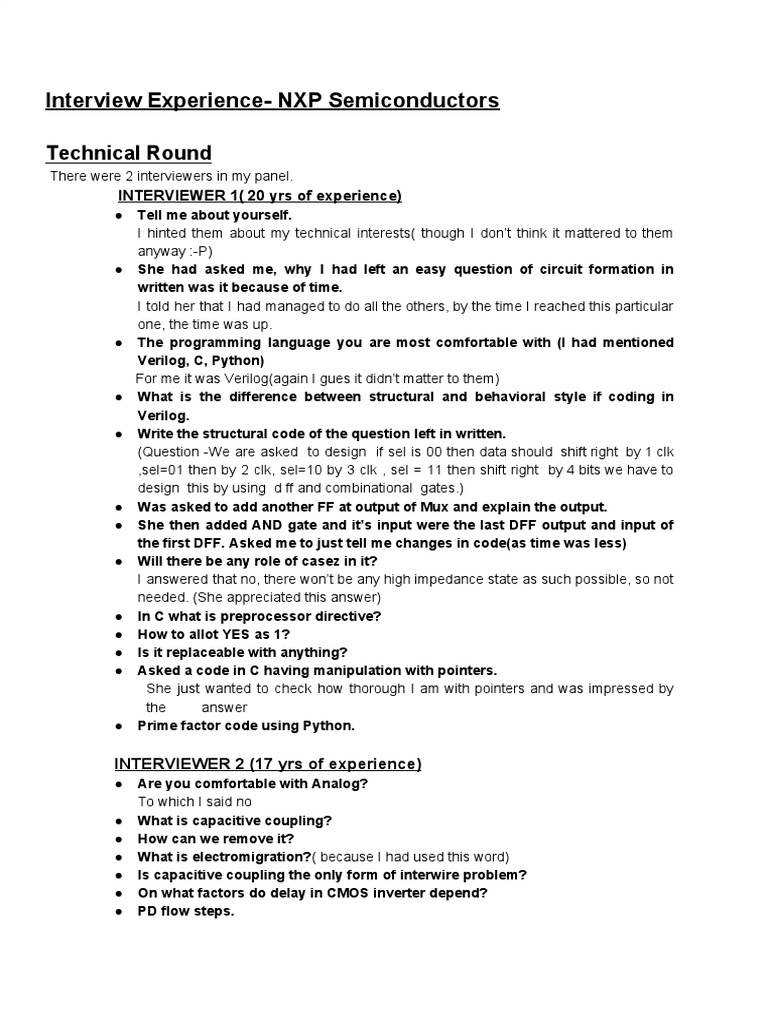 Interview Experience - NXP Semiconductors | PDF | Cmos | Computing