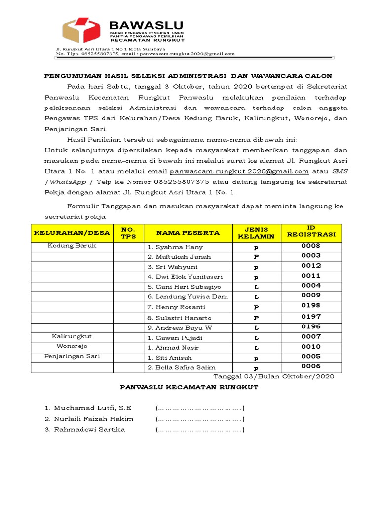 Pengumuman Hasil Seleksi Administrasi Dan Wawancara Calon PTPS | PDF Pengumuman Hasil Seleksi Administrasi Dan Wawancara Calon PTPS | PDF