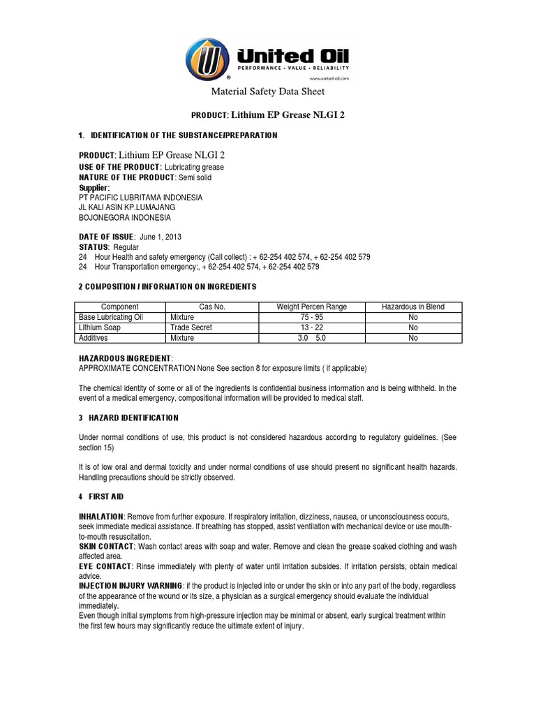 MSDS Lithium EP Grease NLGI 2 | PDF | Toxicity | Waste Management