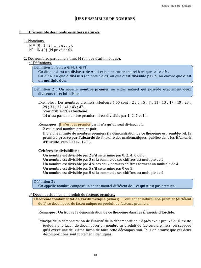I. L'ensemble Des Nombres Entiers Naturels.: ES Ensembles DE Nombres ...
