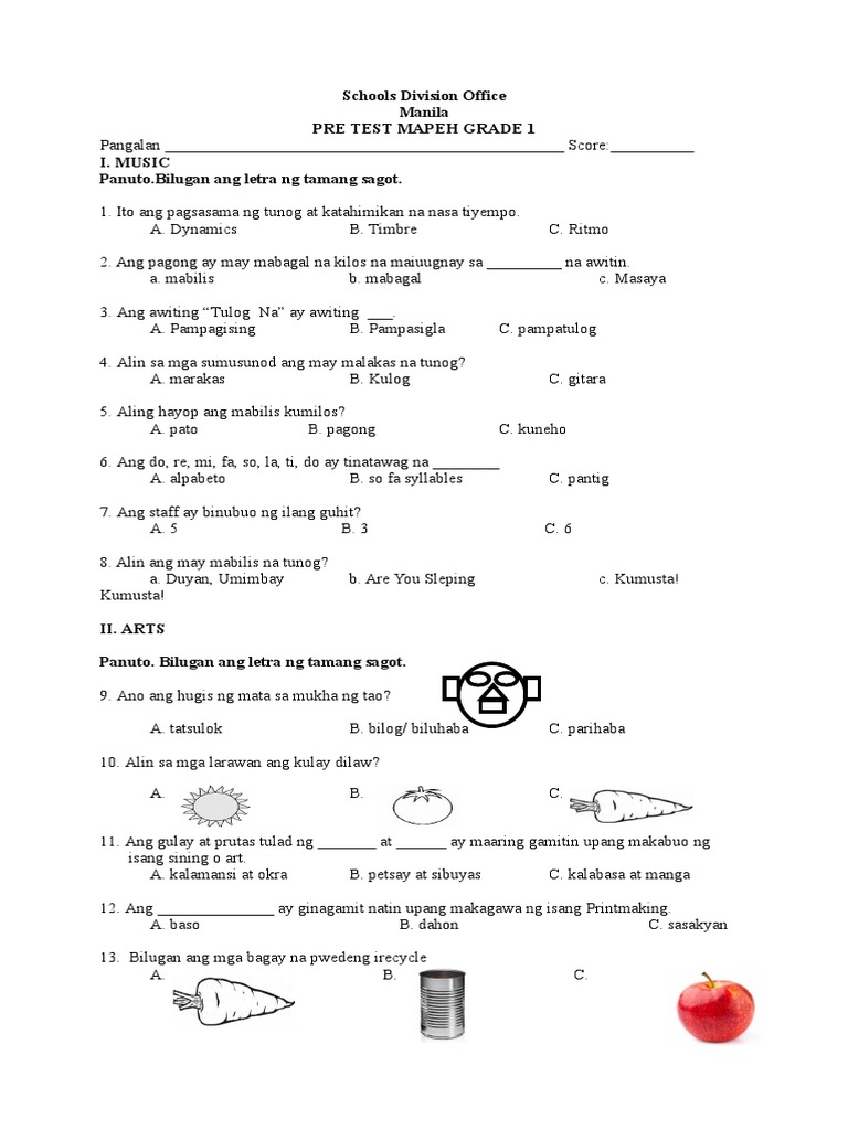 Pre Test Grade 1 Mapeh | PDF