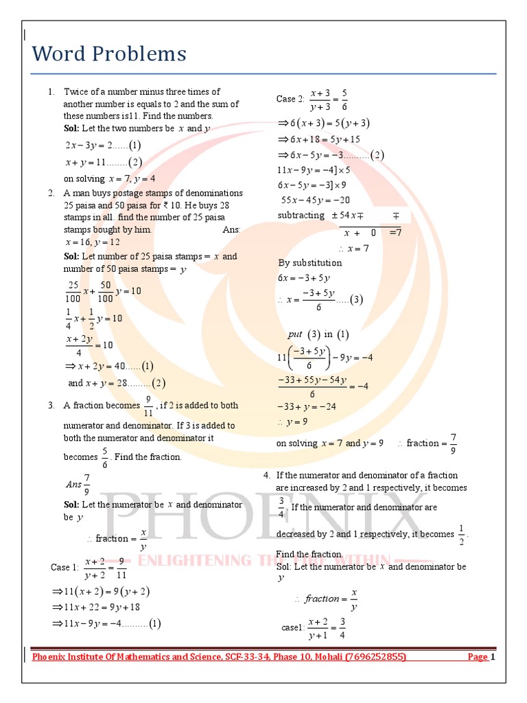 Word Problems Linear Equations in Two Variables | PDF | Speed | Length