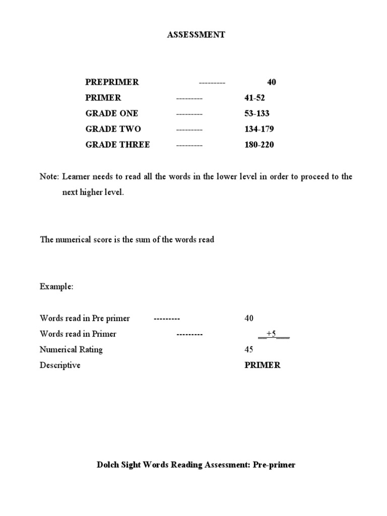 Dolch Sight Words Reading Assessment: Pre-primer | PDF