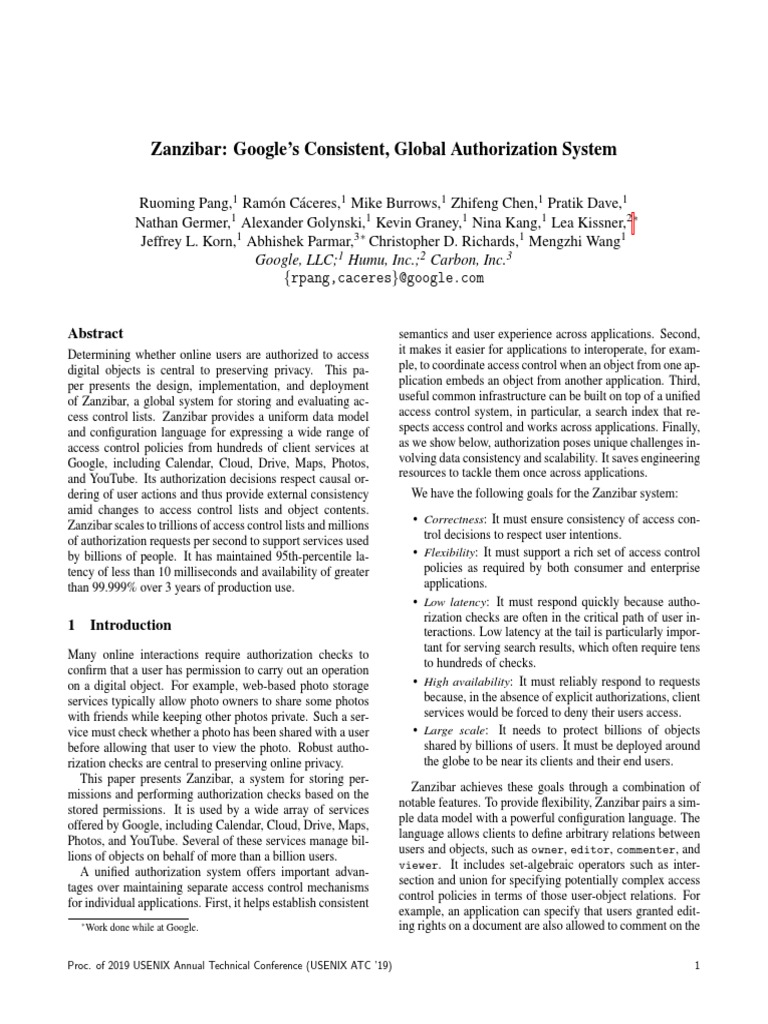 Zanzibar Google's Consistent, Global Authorization System | PDF | Http ...