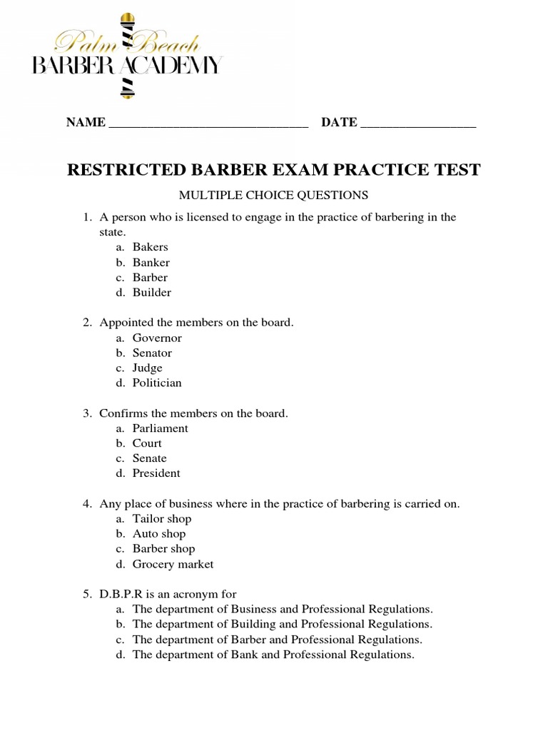 Restricted Barber Exam Practice Test Edited2 | PDF | Licensure