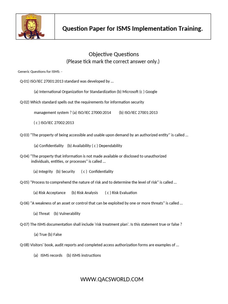 ISMS Implementation Training Exam Paper | PDF | Information Security | Audit