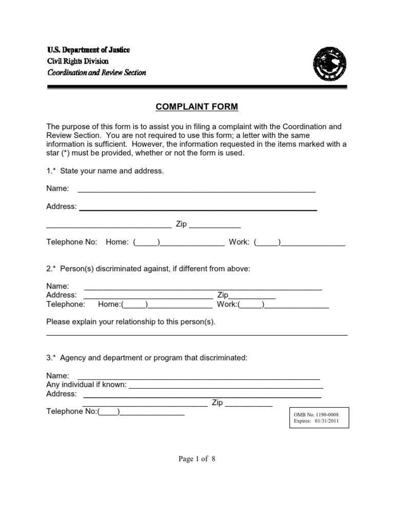 DOJ Civil Rights Complaint Form | PDF | Freedom Of Information Act ...