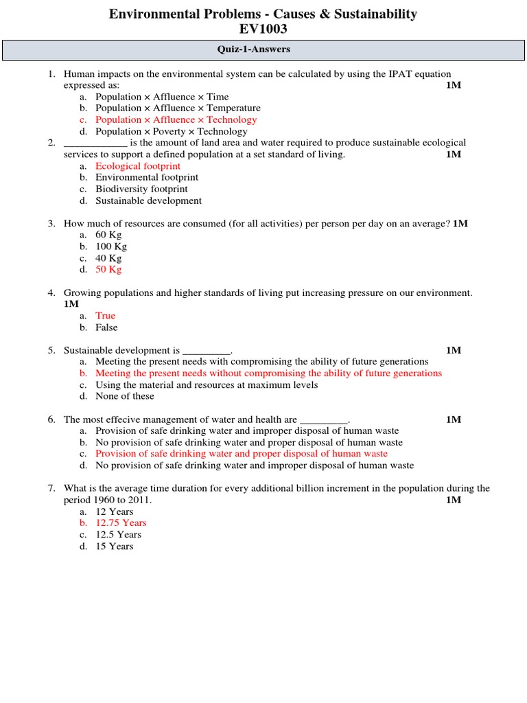 Quiz-1 (Answer Key) | PDF | Sustainability | Water
