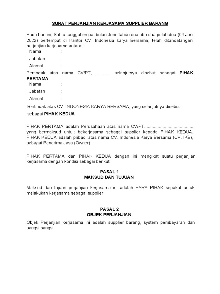 Surat Perjanjian Kerjasama Supplier Barang | PDF | Hukum