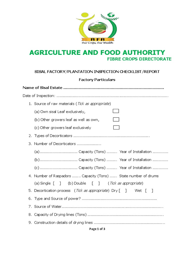 Sisal Factory - Plantation Inspection Checklist | PDF | Safety