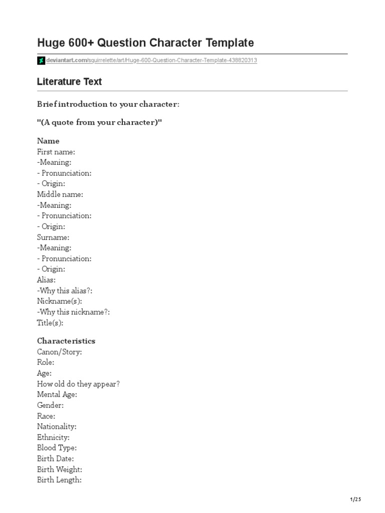 600 Question Character Template | PDF | Hair | Clothing